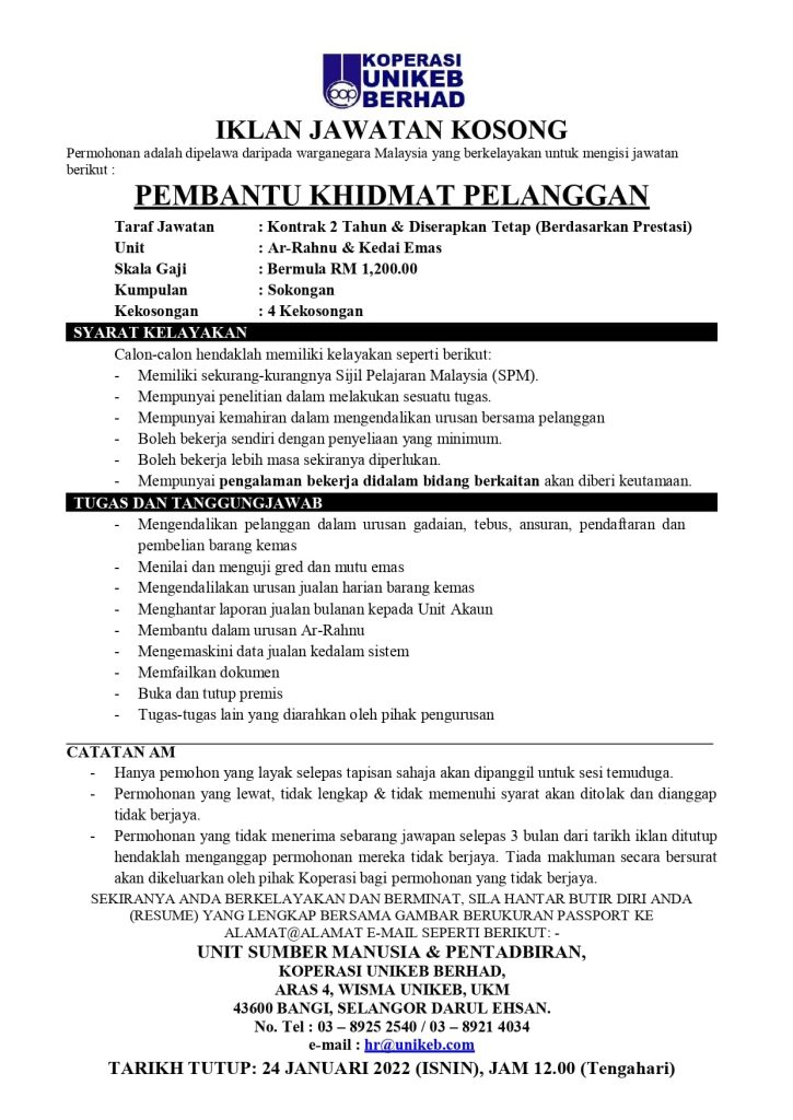 Iklan Jawatan Koperasi UNIKEB Berhad » Jobs Hub