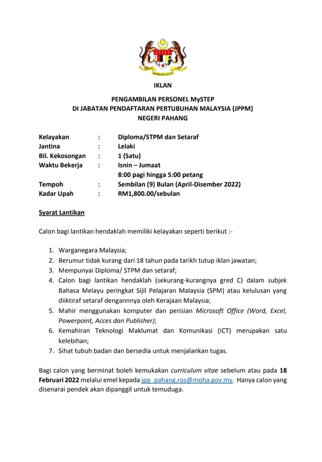 Iklan Jawatan Jabatan Pendaftaran Pertubuhan Malaysia (JPPM) » Jobs Hub