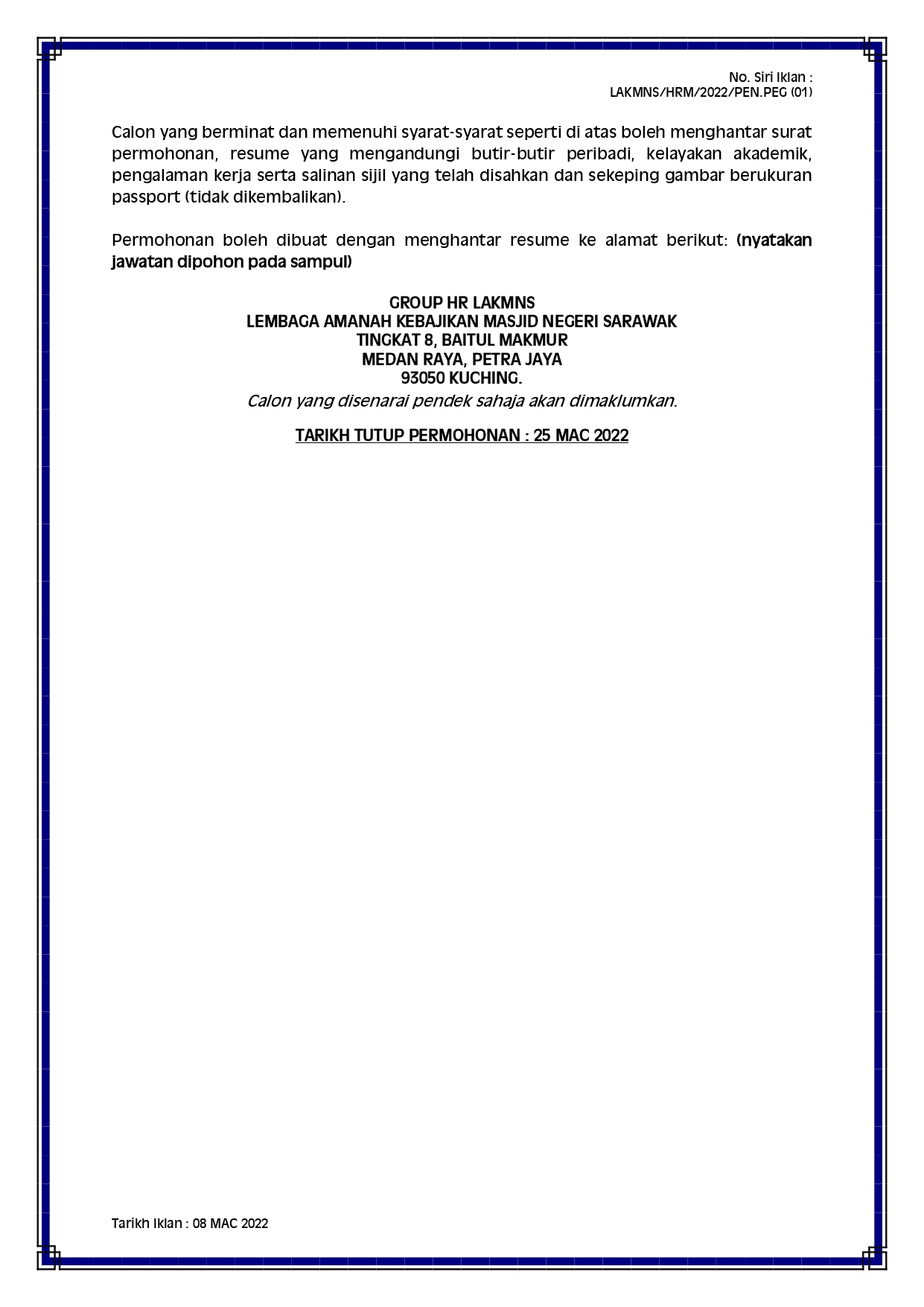 Iklan Jawatan Lembaga Amanah Kebajikan Masjid Negeri Sarawak Jobs Hub