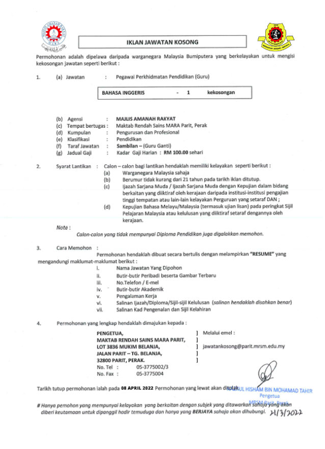 Iklan Jawatan Maktab Rendah Sains Mara (MRSM) Parit, Perak » Jobs Hub