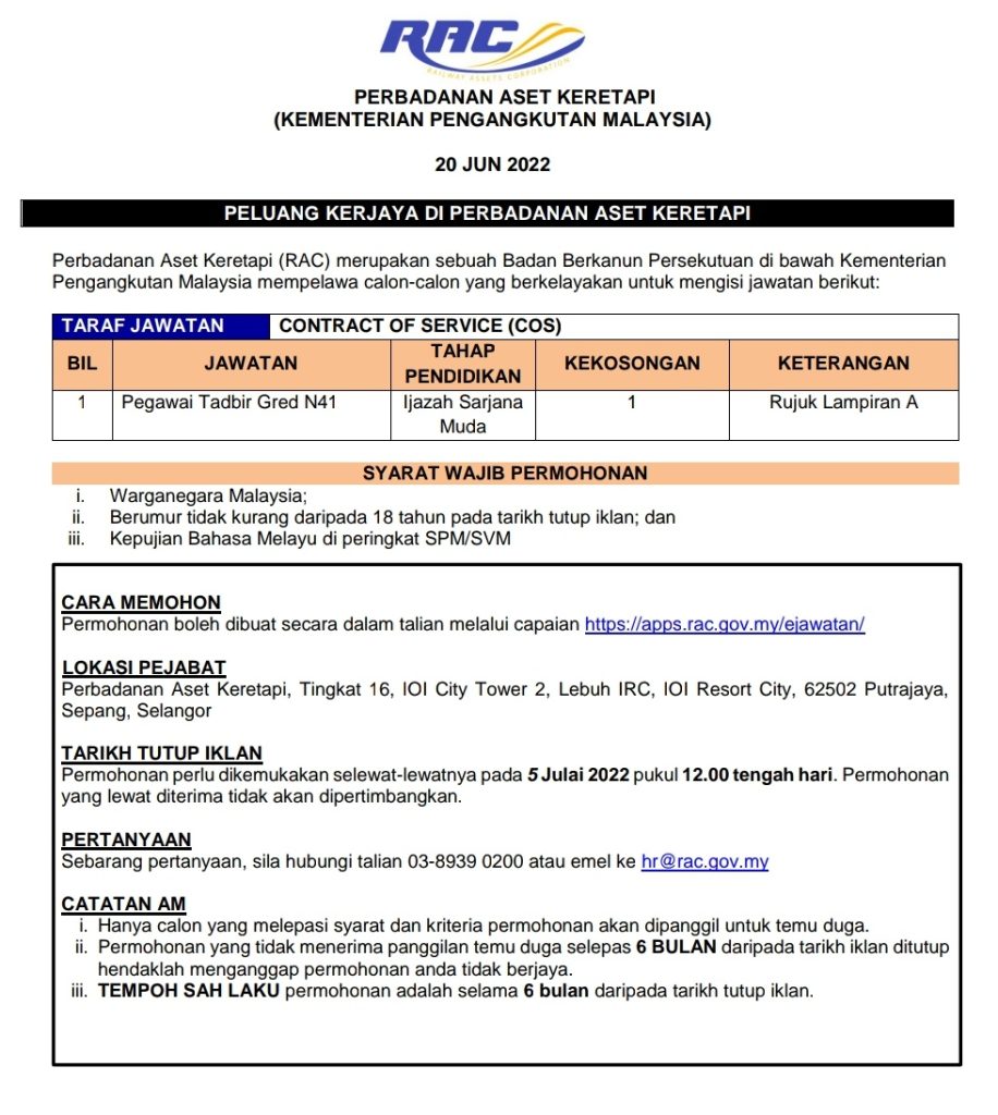 Iklan Jawatan Perbadanan Aset Keretapi (RAC) » Jobs Hub