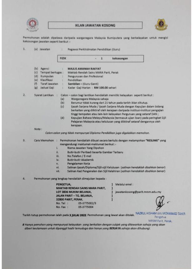 Iklan Jawatan Maktab Rendah Sains Mara (MRSM) Parit, Perak » Jobs Hub