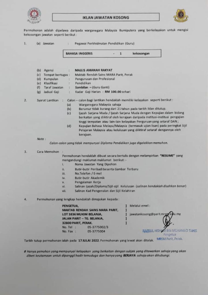 Iklan Jawatan Maktab Rendah Sains Mara (MRSM) Parit » Jobs Hub