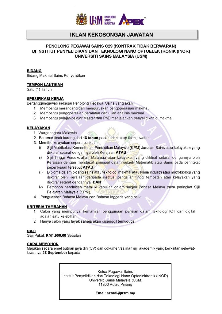 Iklan Jawatan Institut Penyelidikan Dan Teknologi Nano Optoelektronik ...