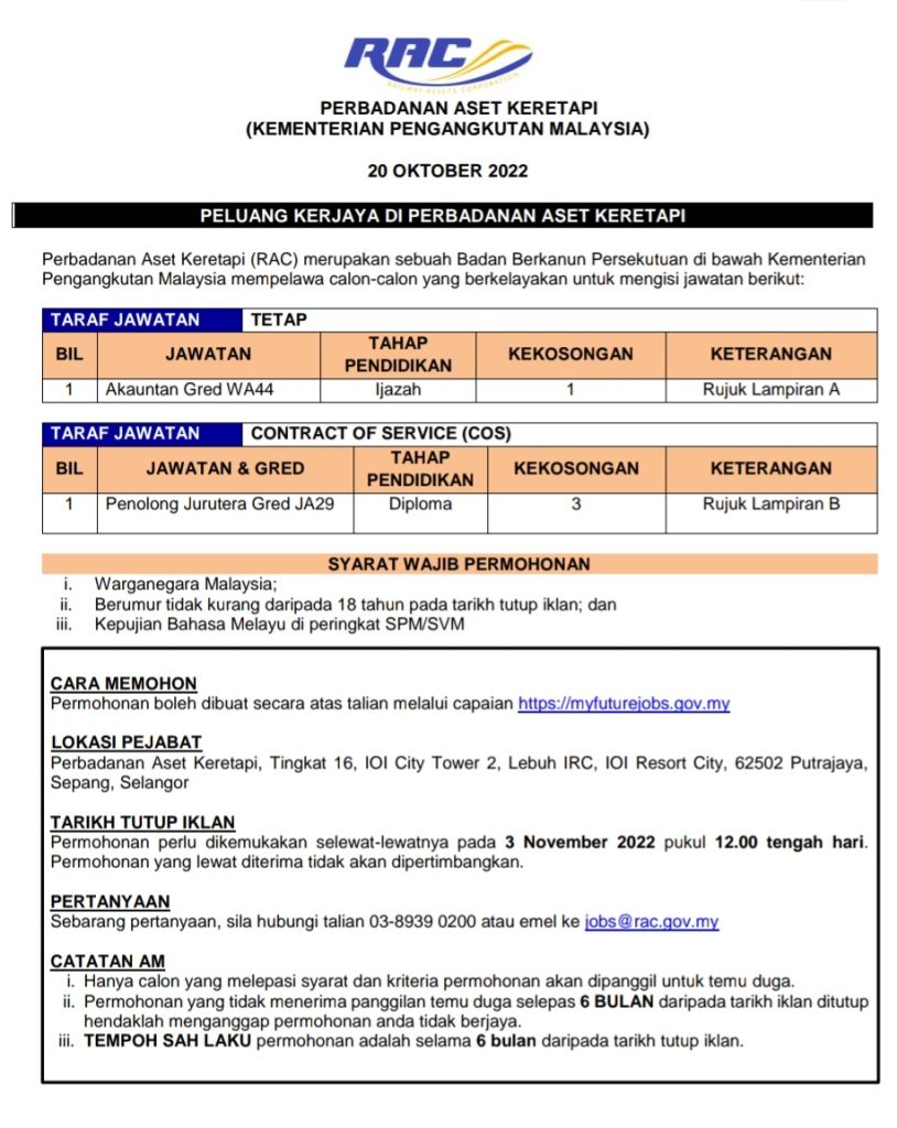 Iklan Jawatan Perbadanan Aset Keretapi (RAC) » Jobs Hub