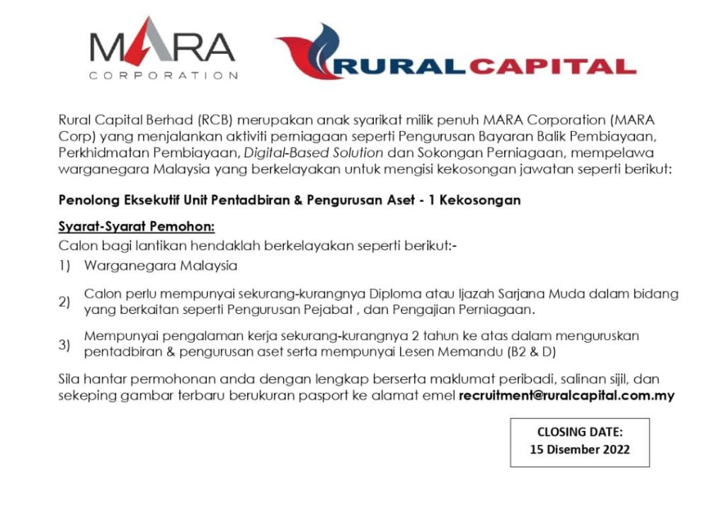 Iklan Jawatan Rural Capital Bhd (MARA Corporation) » Jobs Hub