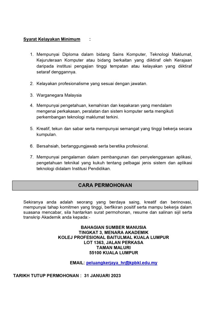 Iklan Jawatan Kolej Profesional Baitulmal Kuala Lumpur (KPBKL) » Jobs Hub