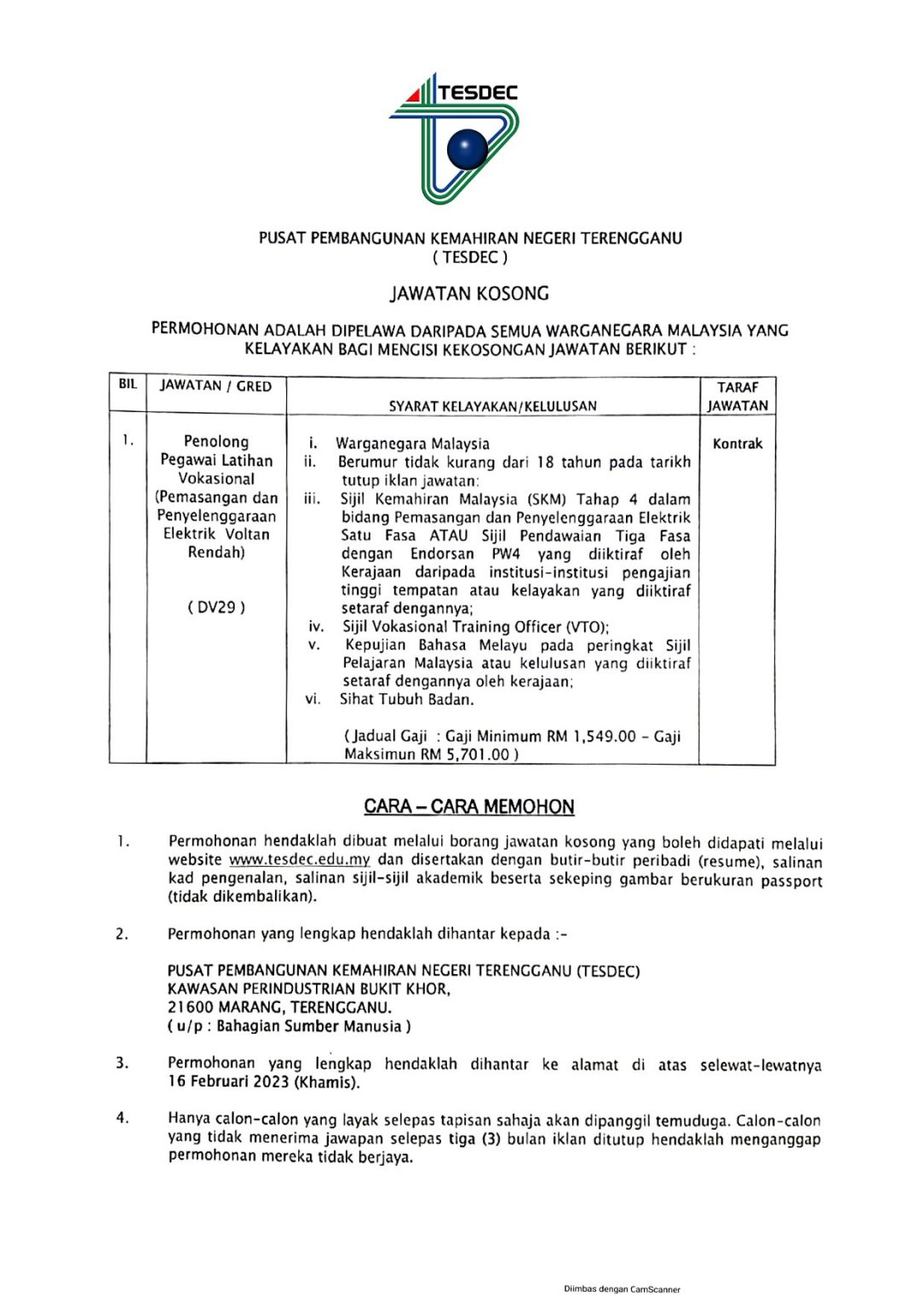 Iklan Pusat Pembangunan Kemahiran Negeri Terengganu (TESDEC) » Jobs Hub