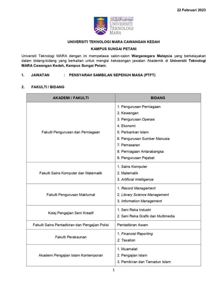 Iklan Jawatan Universiti Teknologi Mara (UiTM) Cawangan Kedah » Jobs Hub