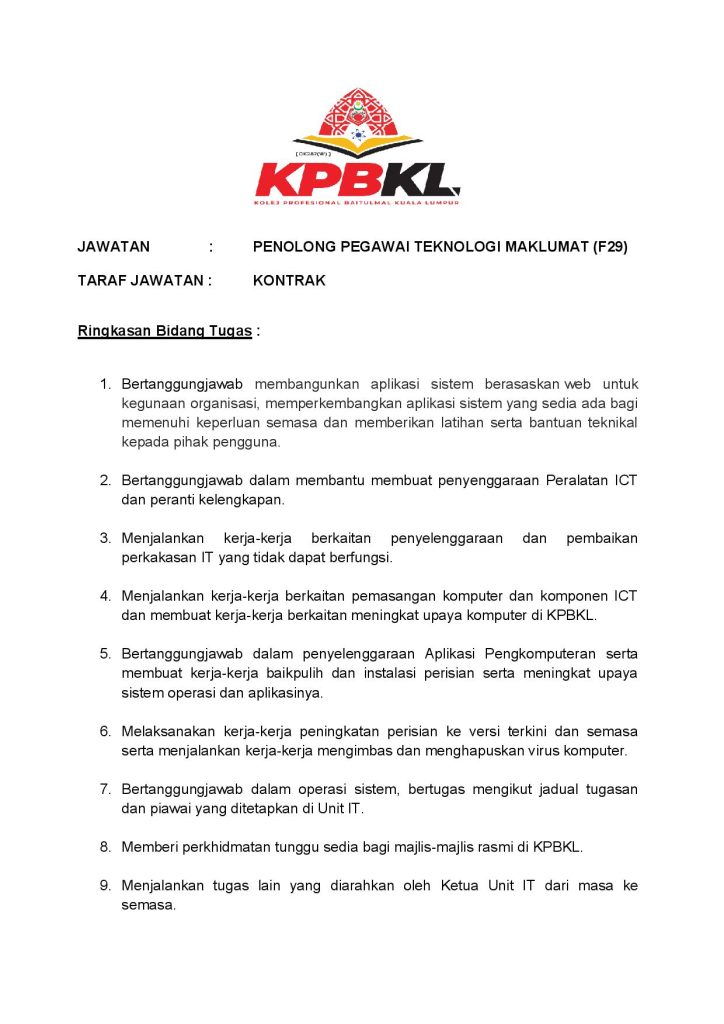 Iklan Jawatan Kolej Profesional Baitulmal Kuala Lumpur (KPBKL) » Jobs Hub