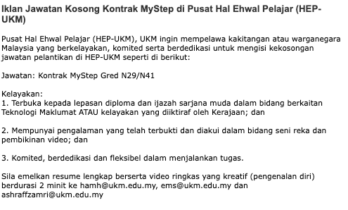 Iklan Jawatan Pusat Hal Ehwal Pelajar (HEP-UKM), Universiti Kebangsaan ...