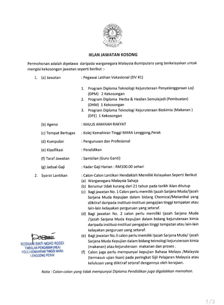 Iklan Jawatan Kolej Kemahiran Tinggi MARA (KKTM) Lenggong » Jobs Hub