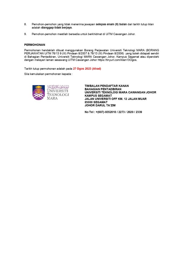 Iklan Jawatan Universiti Teknologi MARA (UiTM) Cawangan Johor, Kampus ...
