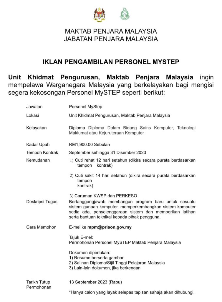 Iklan Jawatan Maktab Penjara Malaysia, Jabatan Penjara Malaysia » Jobs Hub