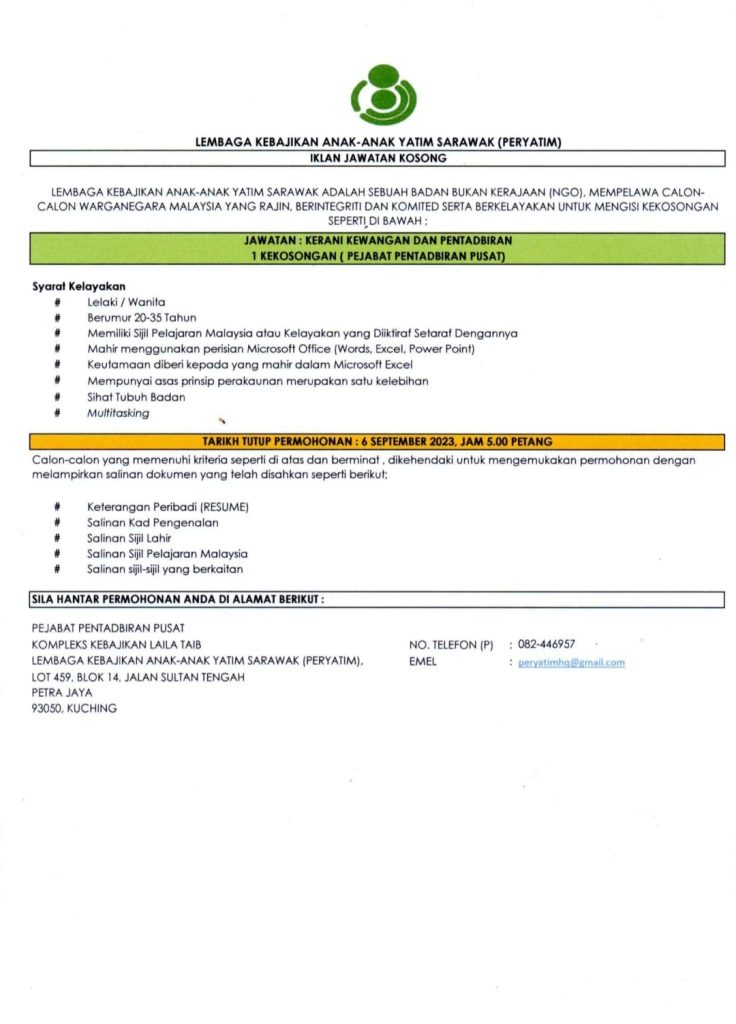 Iklan Jawatan Lembaga Kebajikan Anak-Anak Yatim Sarawak (PERYATIM ...