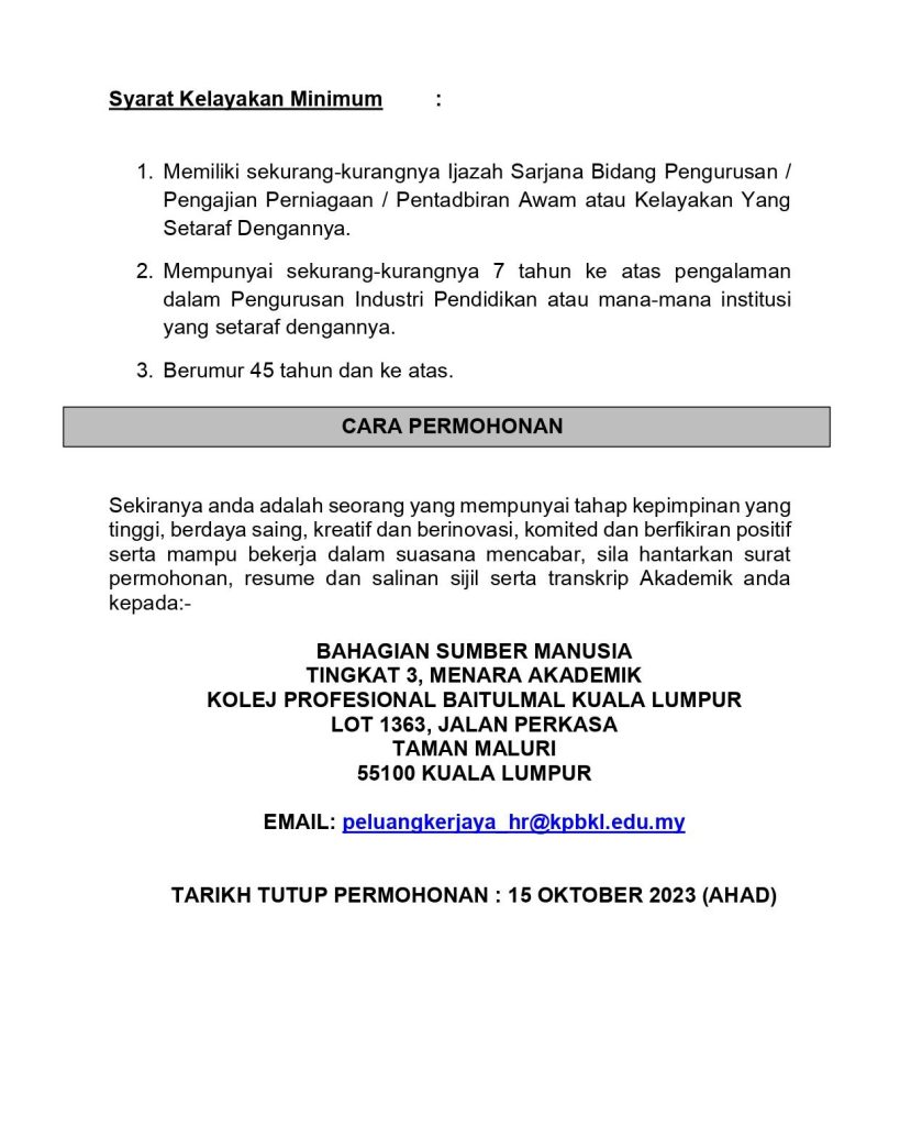 Iklan Jawatan Kolej Profesional Baitulmal Kuala Lumpur (KPBKL) » Jobs Hub
