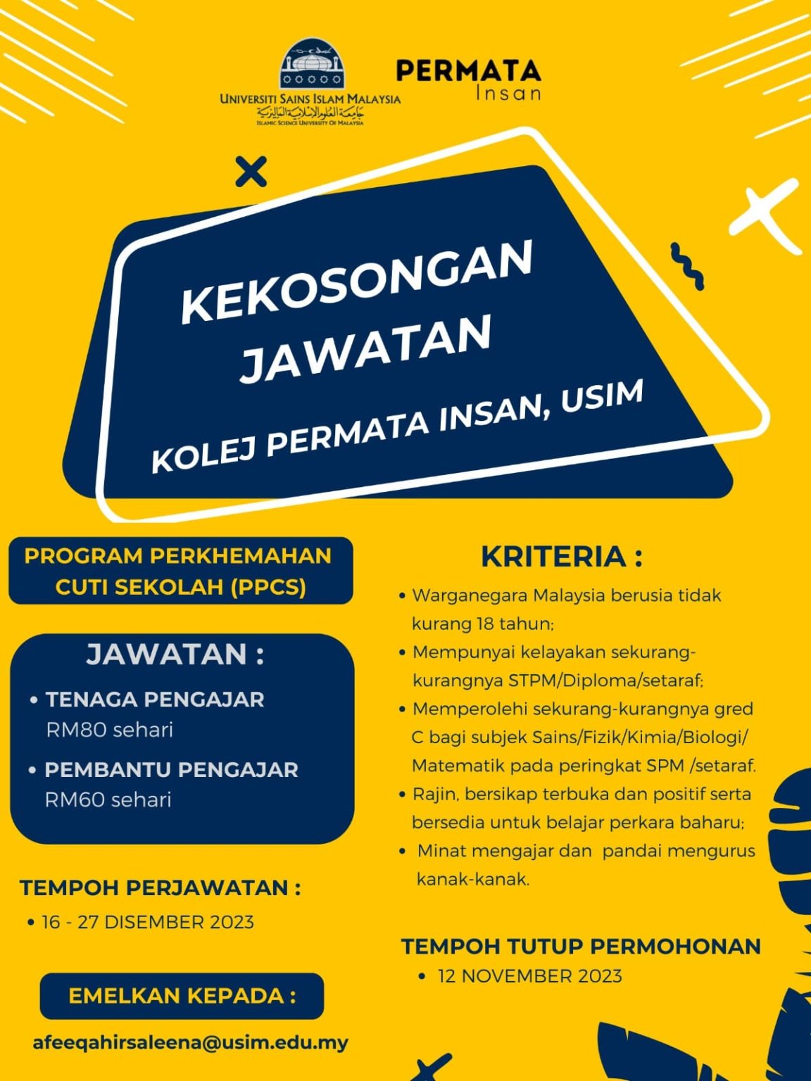 Iklan Jawatan Kolej PERMATA Insan, Universiti Sains Islam Malaysia ...