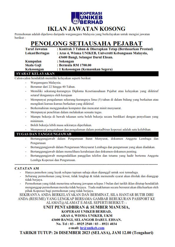 Iklan Jawatan Koperasi Unikeb Berhad » Jobs Hub