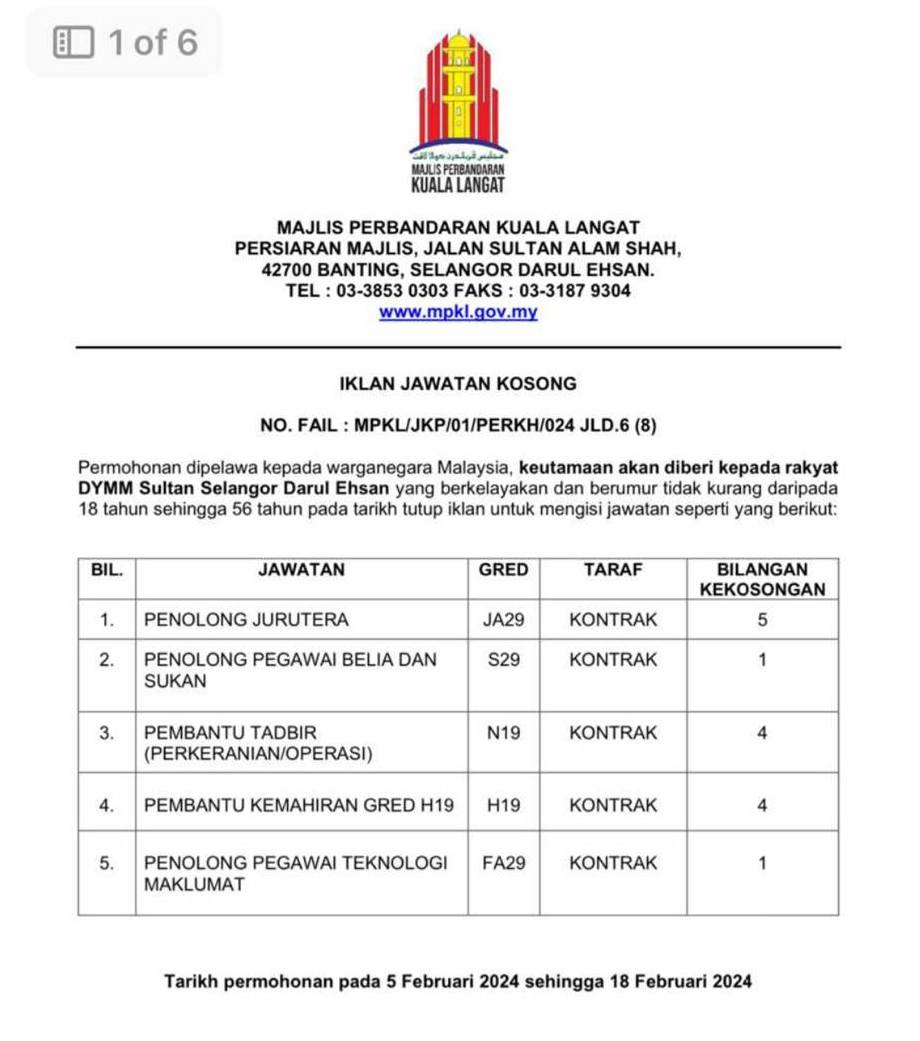 Iklan Jaawatan Majlis Perbandaran Kuala Langat » Jobs Hub
