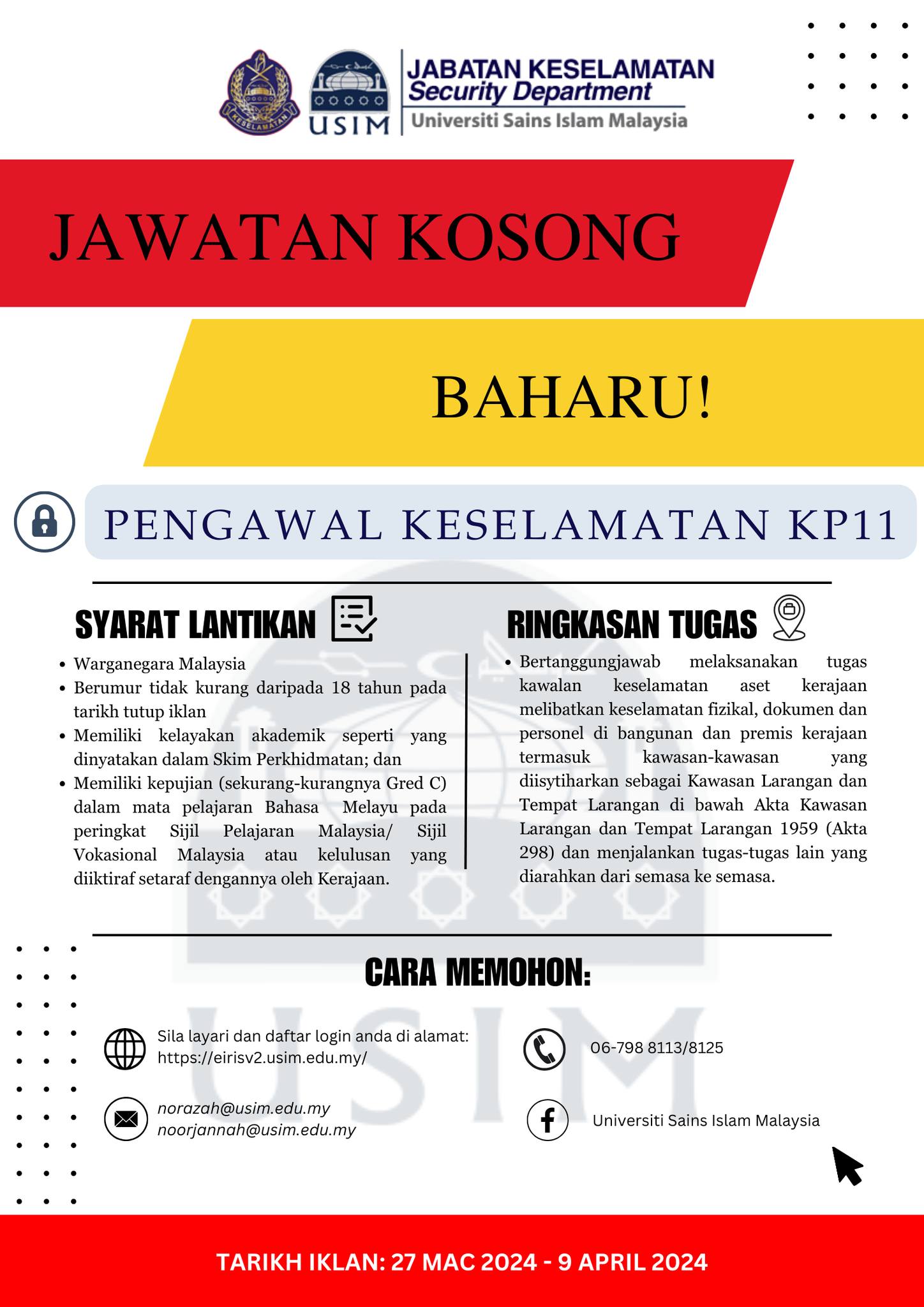 Iklan Jawatan Jabatan Keselamatan, Universiti Sains Islam Malaysia ...